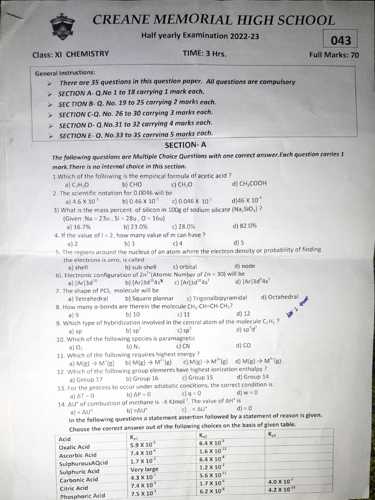 Chem HY XI 2022-23 | PDF | Molecular Physics | Physical Sciences