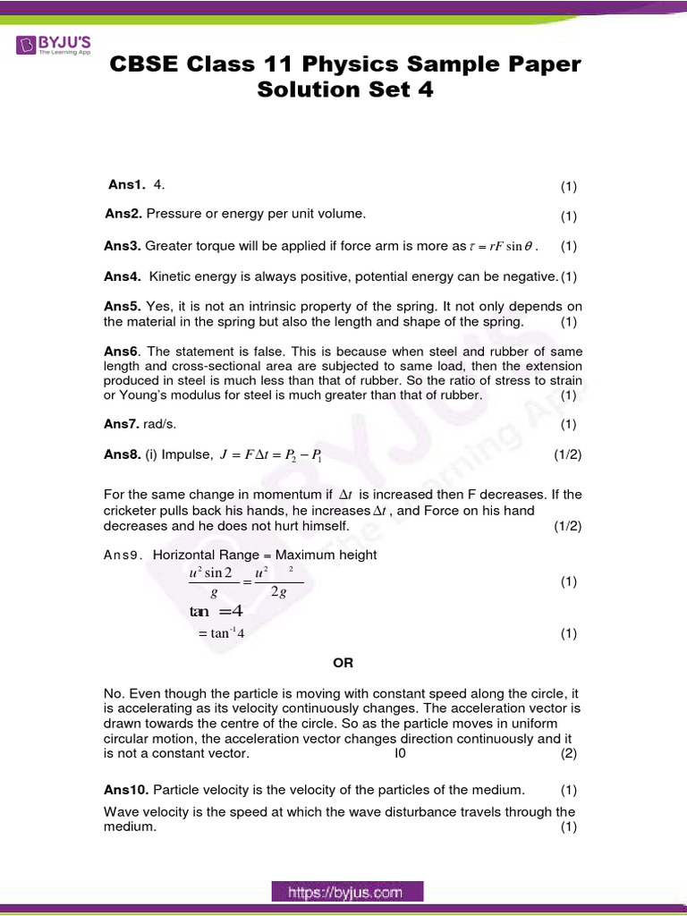 CBSE Class 11 Physics Sample Paper Set 4 Solution | PDF