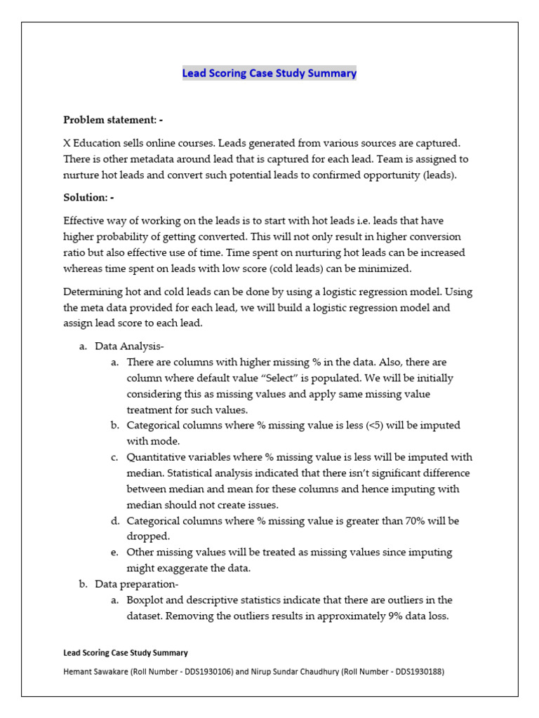 Hemant Sawakare - Lead Scoring Case Study - Summary | PDF | Principal ...