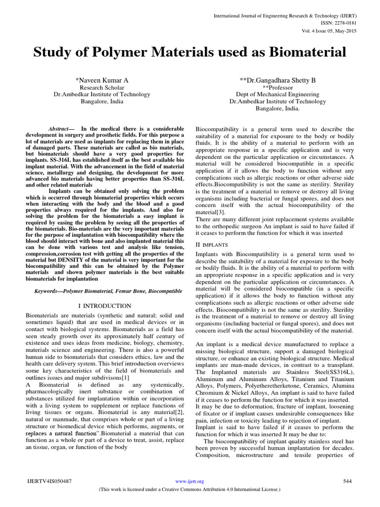 Study of Polymer Materials Used As Biomaterial IJERTV4IS050487 | PDF ...