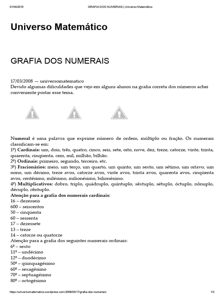 GRAFIA DOS NUMERAIS - Universo Matemático | PDF | Convenções de ...