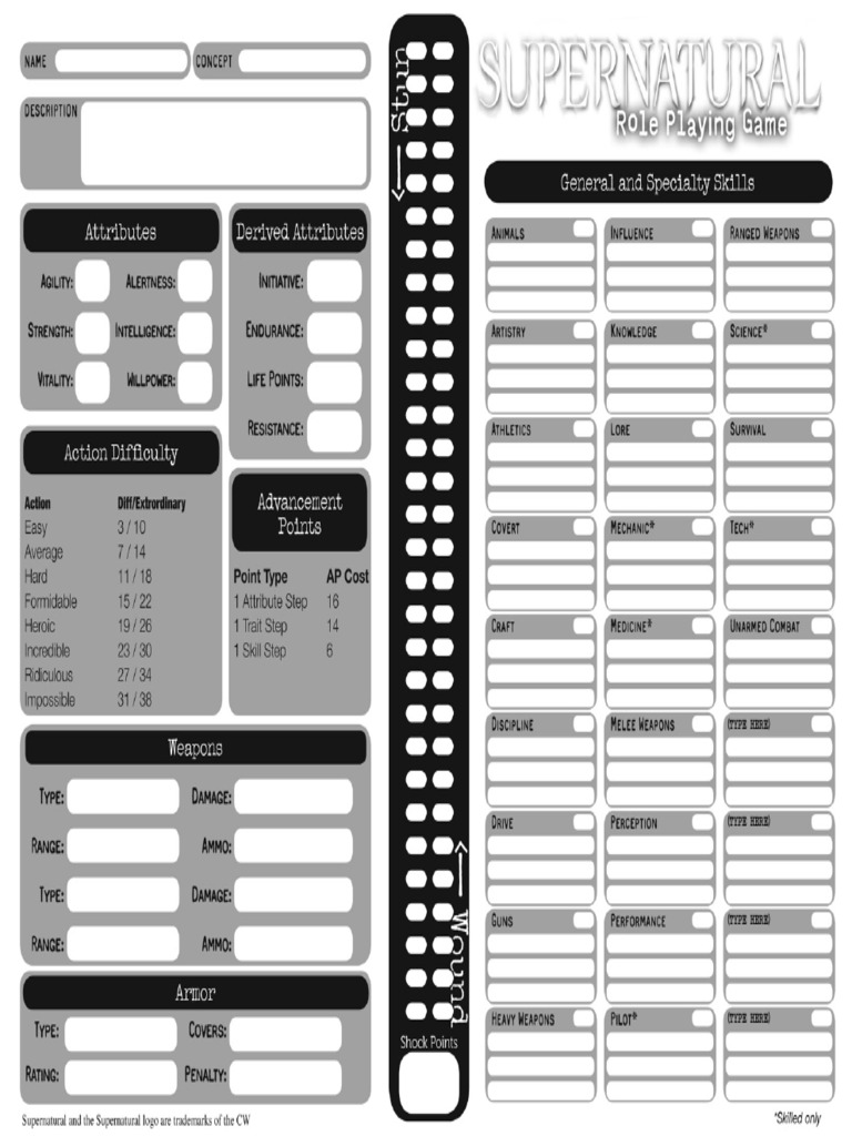 Supernatural RPG Sheet Interactive | PDF
