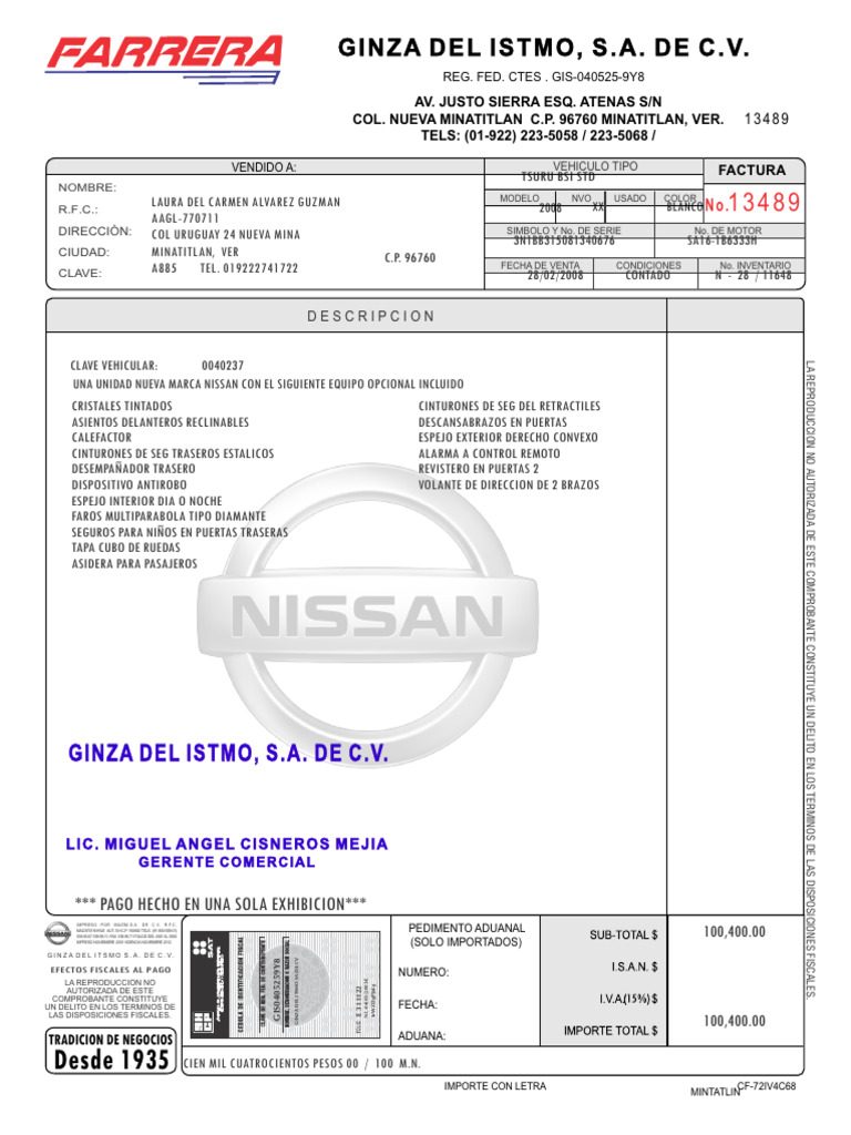 Factura de Compra de Vehículo | PDF | Vehículos | Carros deportivos