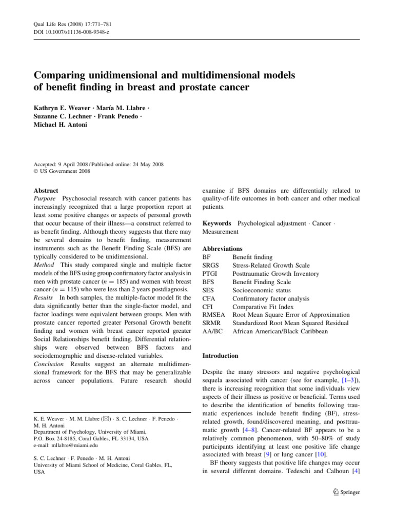 Comparing Unidimensional and Multidimensional Models of Benefit Finding ...