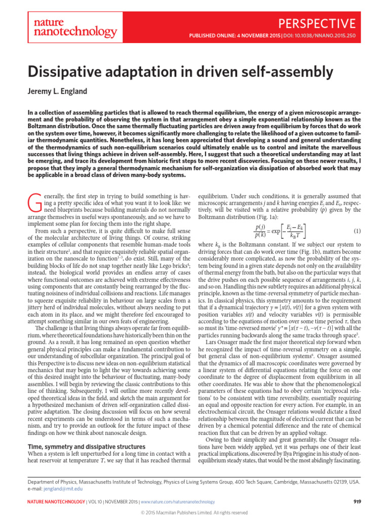 England - 2015 - Dissipative Adaptation in Driven Self-Assembly. | PDF England - 2015 - Dissipative Adaptation in Driven Self-Assembly. | PDF