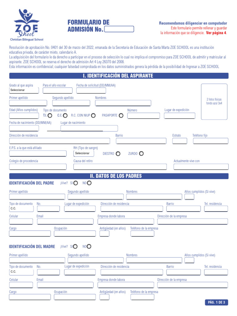 ZOE-Formulario de Admisiones Diligenciable en PC | PDF
