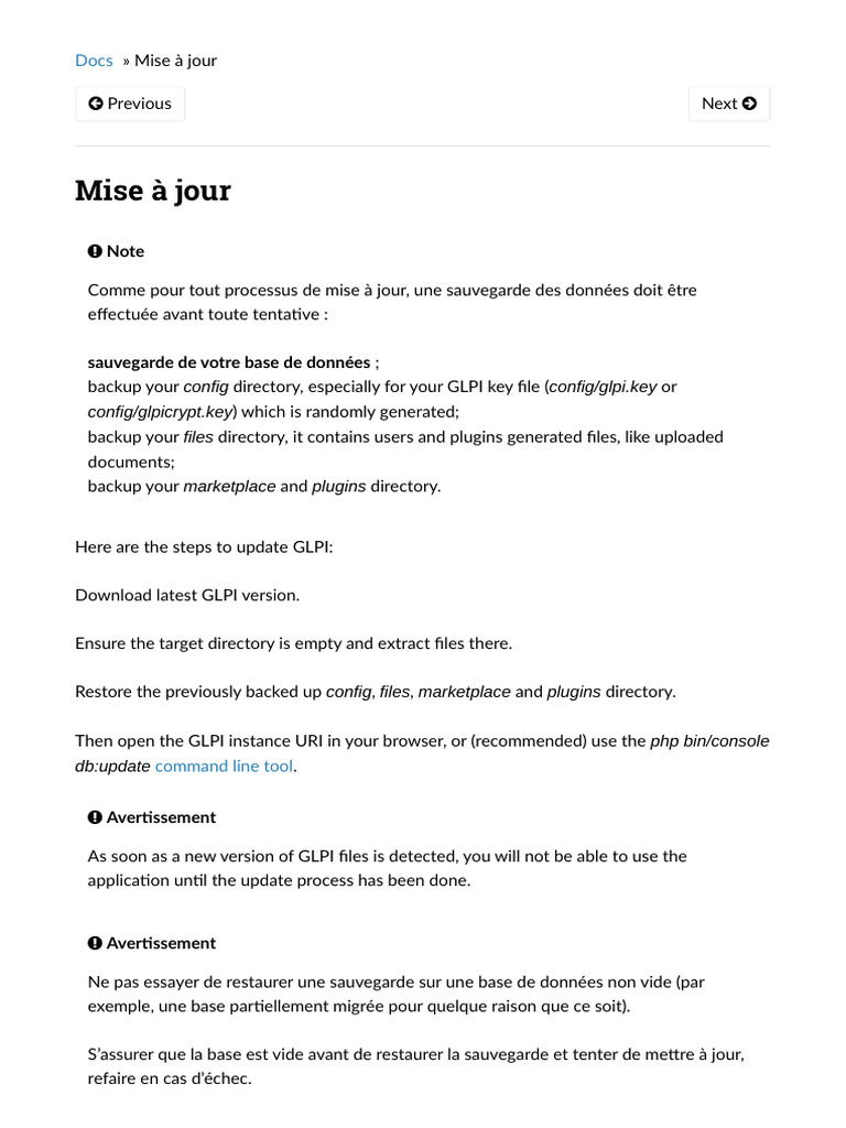 Mise à jour GLPI : Guide essentiel | PDF