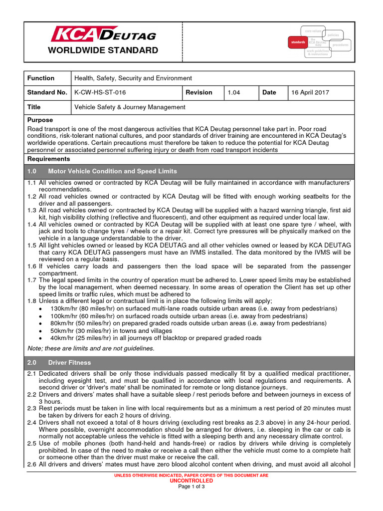 K-CW-HS-ST-016 Vehicle Safety and Journey Management 1.04 | PDF