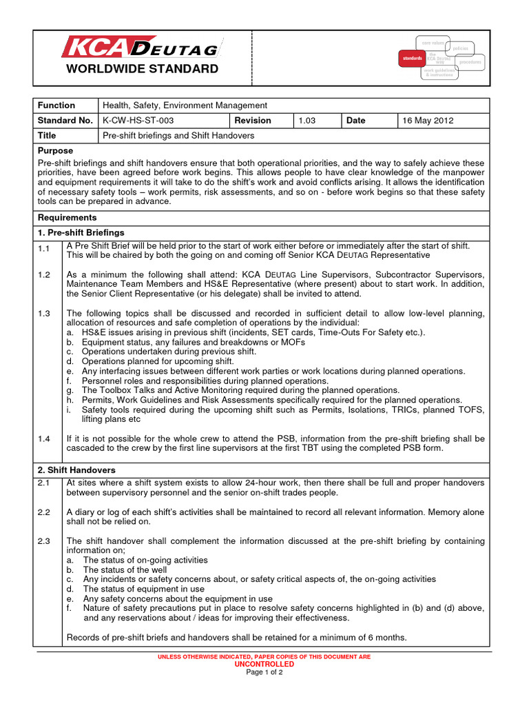 K-CW-HS-ST-003 Preshift Briefings and Shift Handovers | PDF