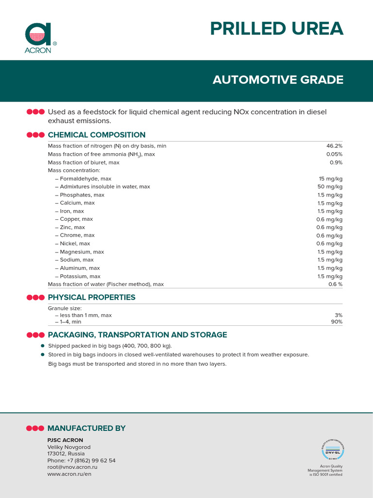 Automotive Grade Prilled Urea Specifications | PDF