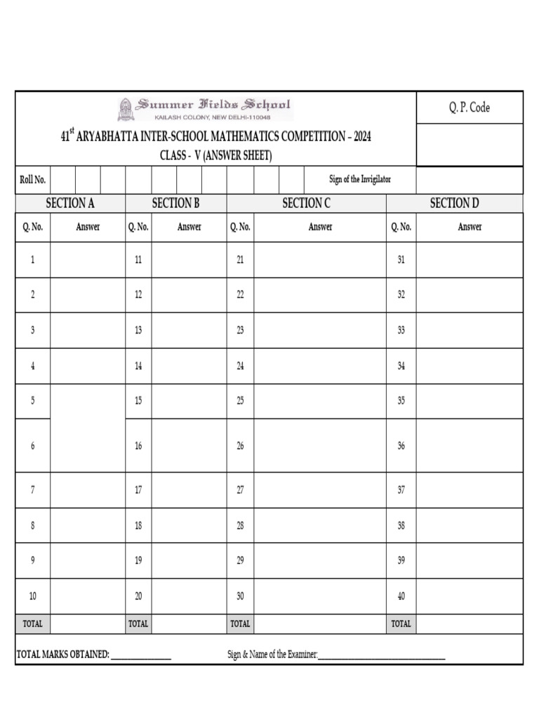 Aryabhata Class 5 Exam Answer Sheet | PDF
