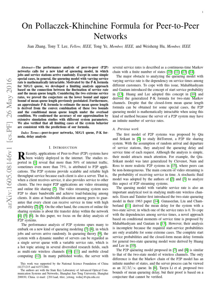 On Pollaczek-Khinchine Formula For Peer-to-Peer Networks | PDF