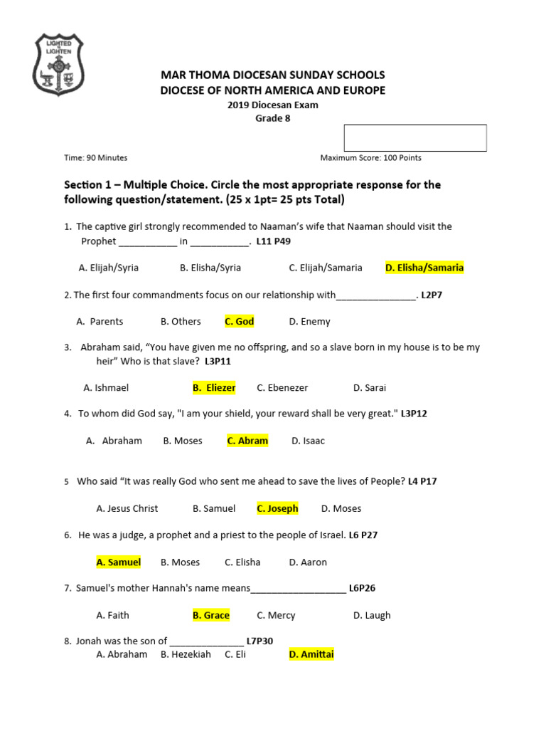 2019 Mar Thoma Grade 8 Exam Paper | PDF