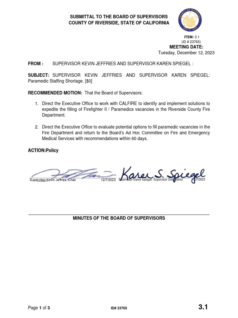 Memo On Riverside County Fire Department Paramedic Shortage | PDF ...