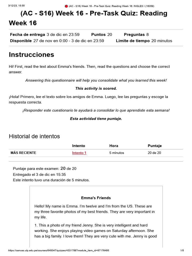 ? (AC - S16) Week 16 - Pre-Task Quiz - Reading Week 16 - INGLES I (16059) | PDF