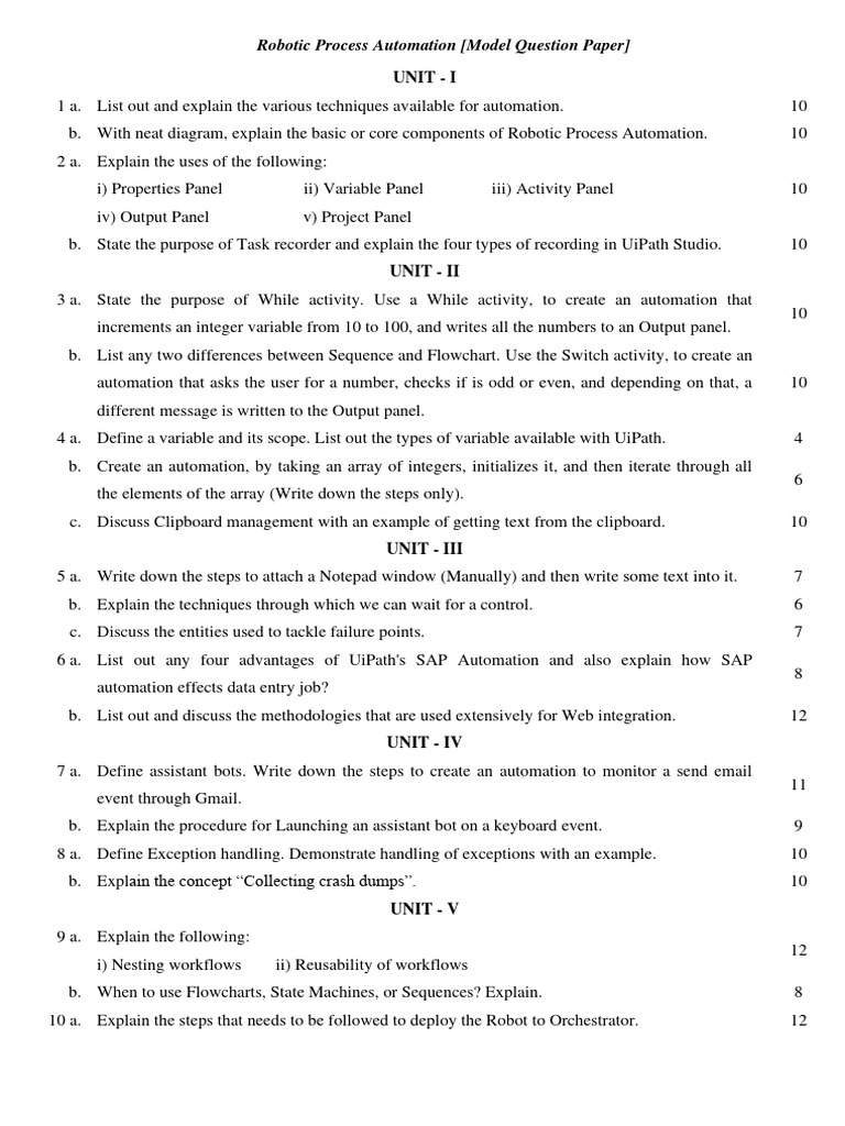 Robotic Process Automation (Model Question Paper) : Unit - I | PDF