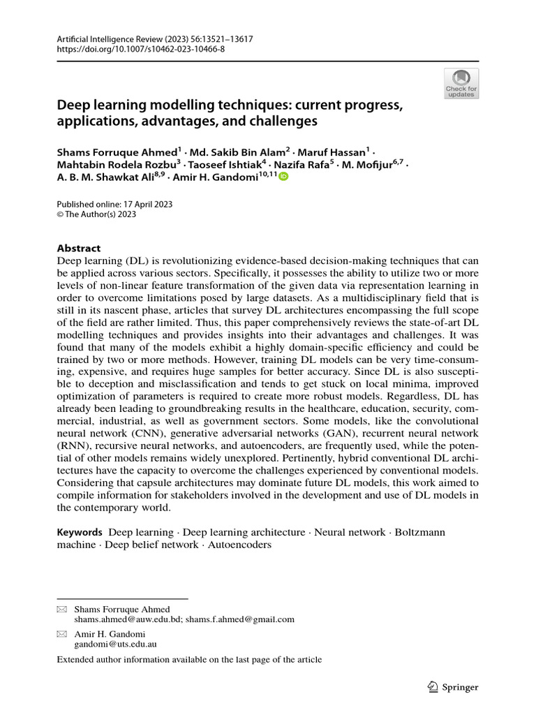 Deep Learning Modelling Techniques Current Progress, Applications ...