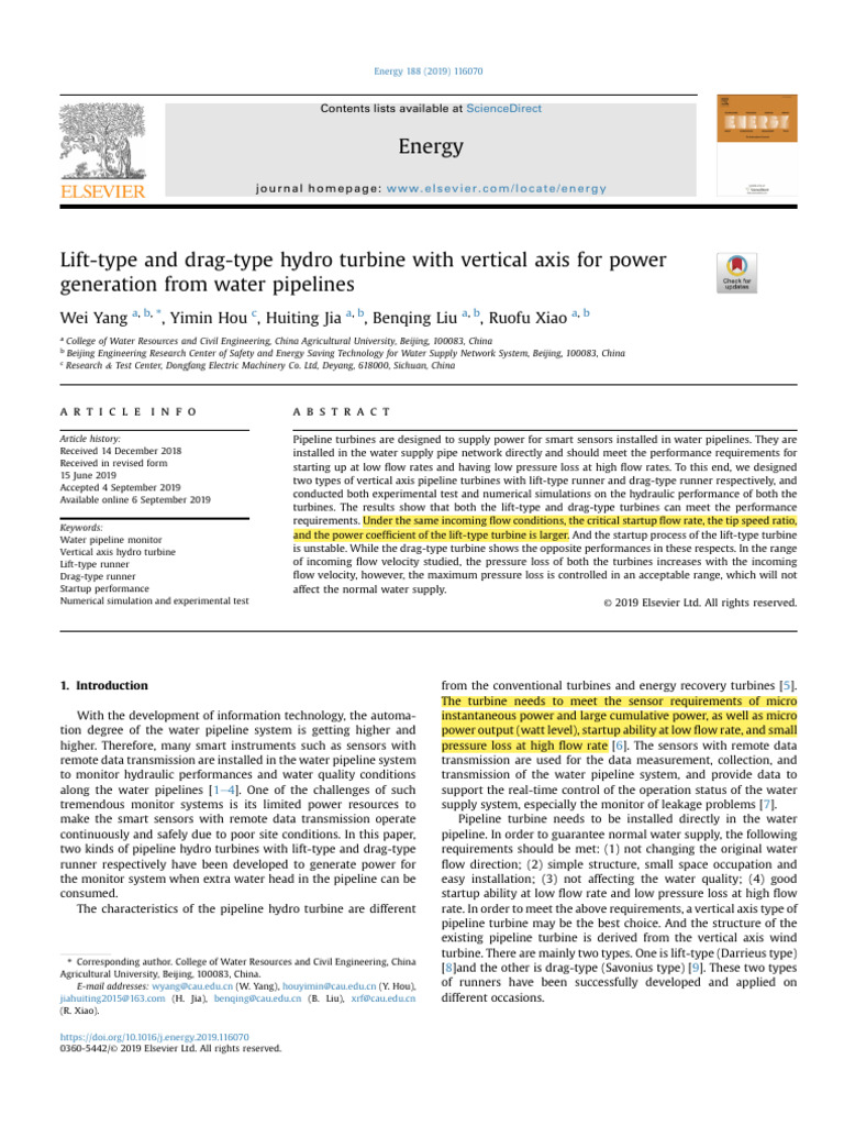 Vertical Axis Hydro Turbines for Pipelines | PDF | Turbine | Flow ...