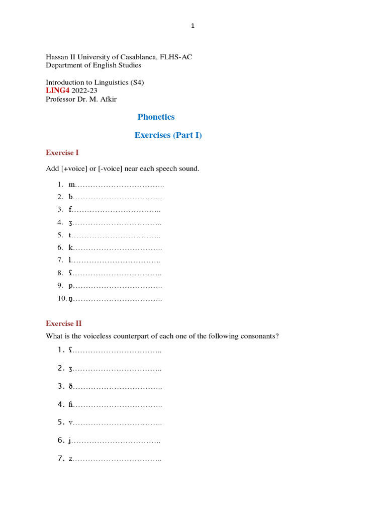 Phonetics, Exercises (Part I) | PDF | Linguistics | Human Voice