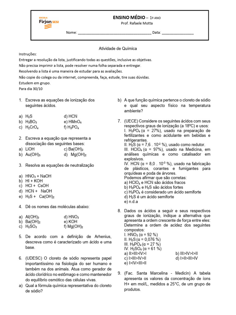lista química 1 ano 7 | PDF