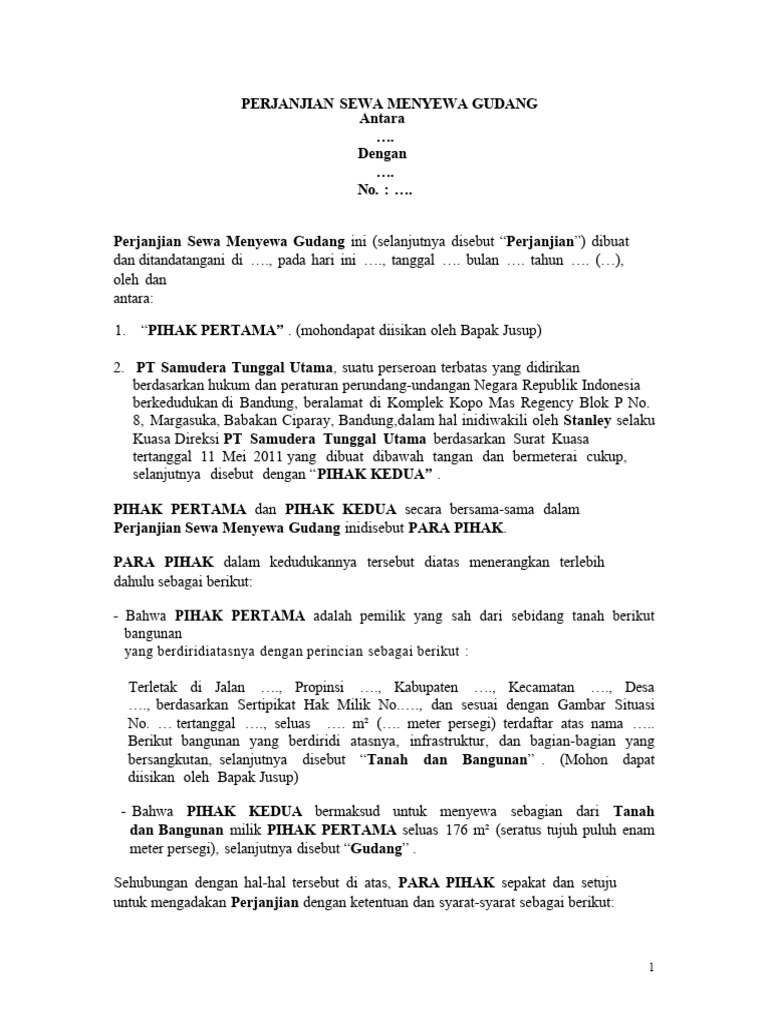 Perjanjian Sewa Gudang 1 Tahun | PDF