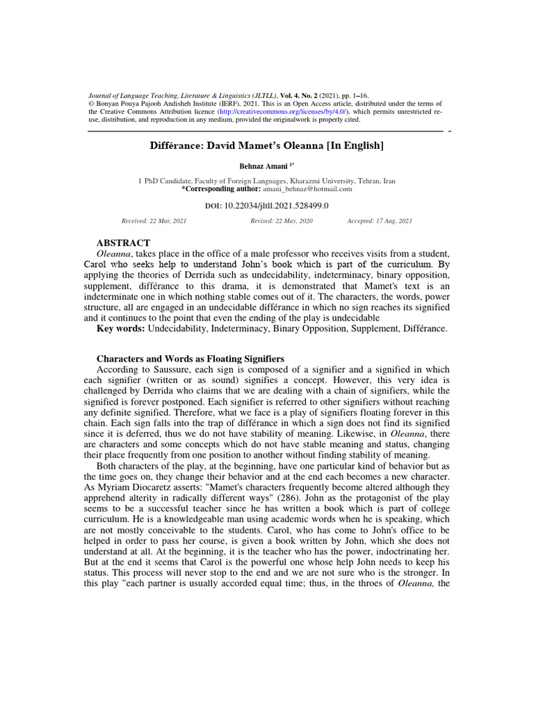 Différance in Mamet's Oleanna Analysis | PDF | Human Communication ...