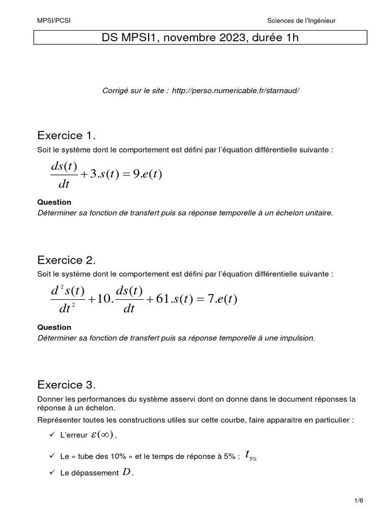 Corrigé MPSI/PCSI - Systèmes Asservis | PDF