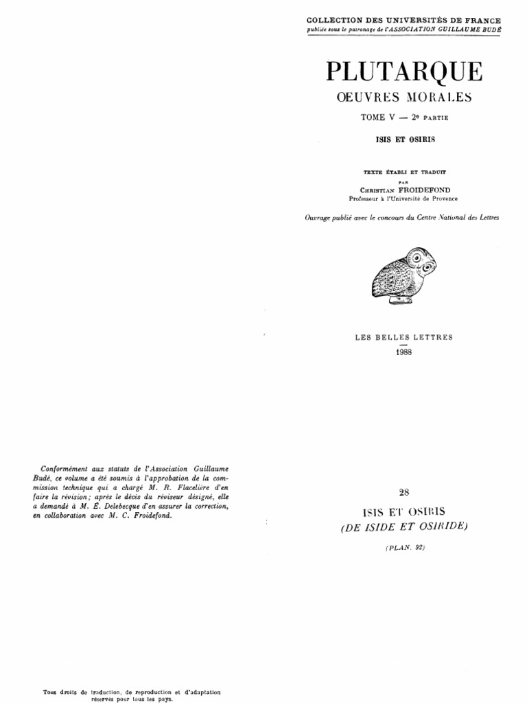 Plutarque, Oeuvres Morales, Tome v.2 Traité 23. Isis Et Osiris (Plutarch Christian Froidefond ...