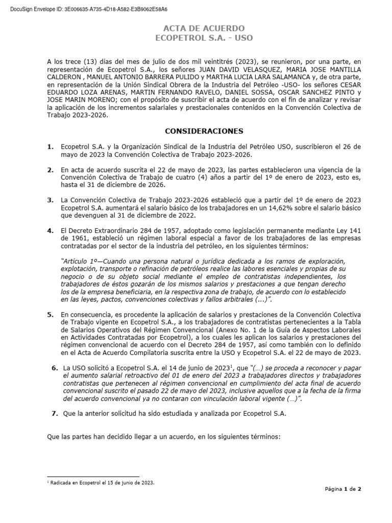 Acta Acuerdo ECP - USO Ajuste Salarial CCT | PDF | Acuerdo colectivo | Salario