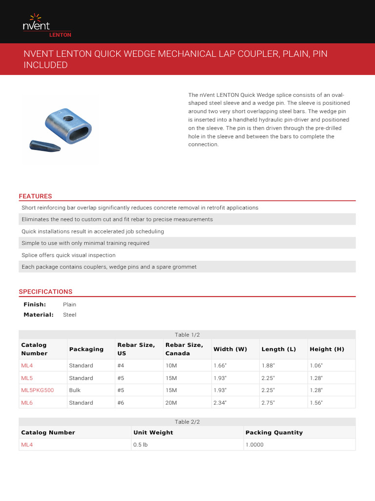 Nvent LENTON Nvent LENTON Quick Wedge Mechanical Lap Coupler Plain Pin ...