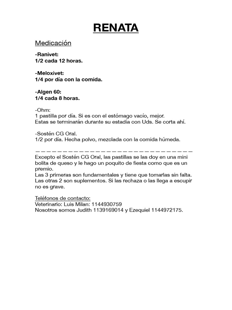 Medicación y cuidados para Renata | PDF | Cocina, comidas y vino