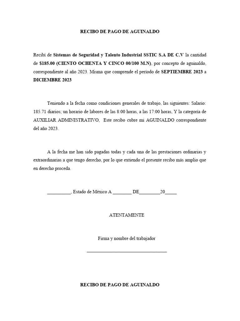 Recibo de Aguinaldo | PDF | Relaciones laborales | Relaciones laborales
