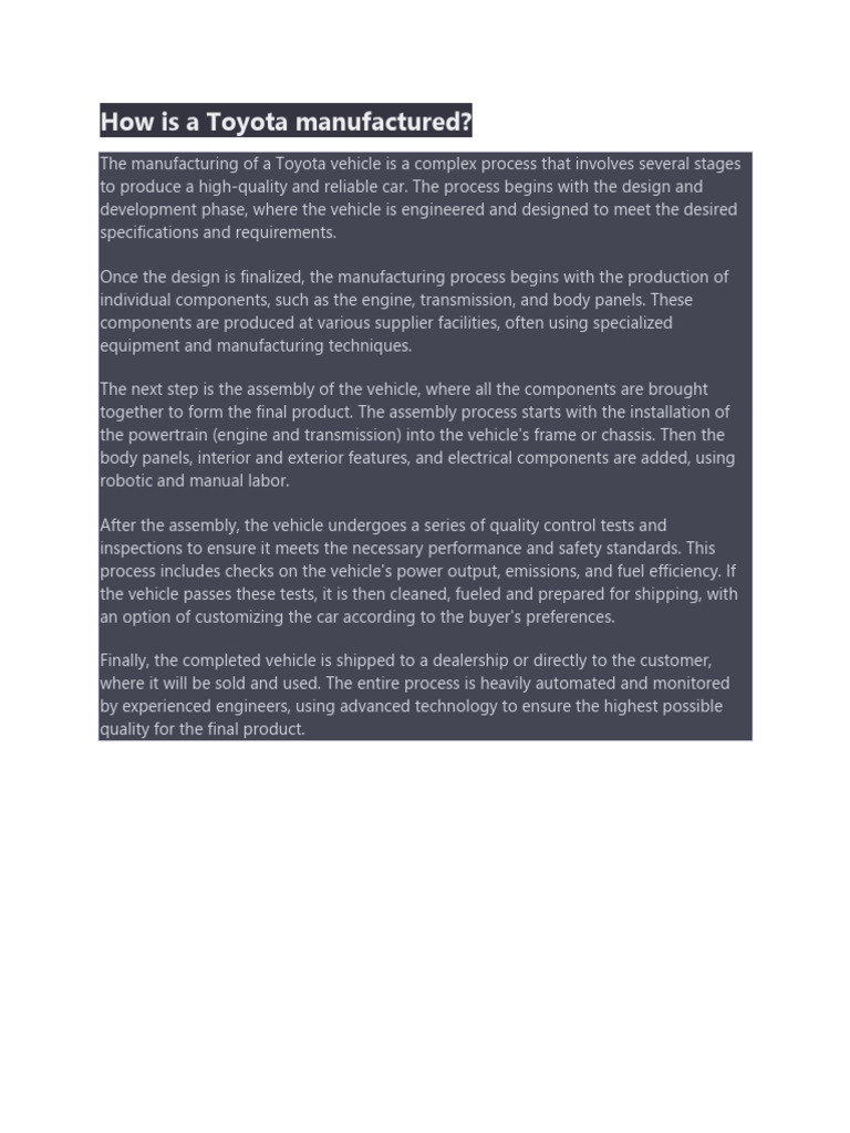 Toyota Vehicle Manufacturing Process | PDF