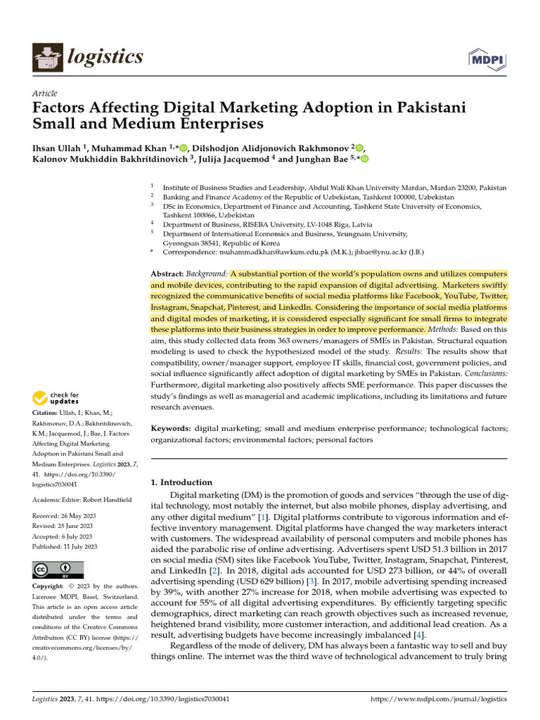 Factors Affecting Digital Marketing Adoption in Pakistani Small and Medium Enterprises (Modified ...
