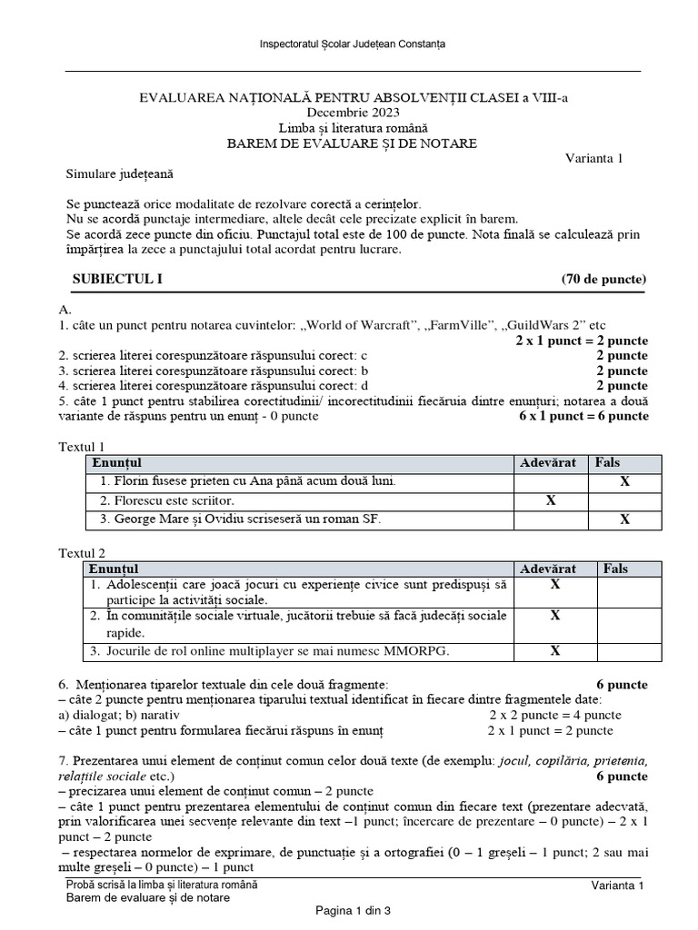 En VIII Limba Si Literatura Romana Dec 2023 Bar 01 Sim | PDF