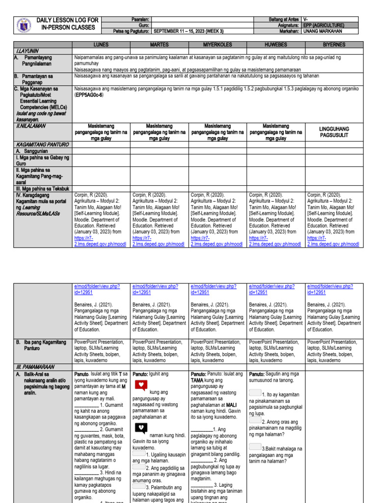 G5 Q1W3 DLL EPP (Agriculture) (MELCs) | PDF