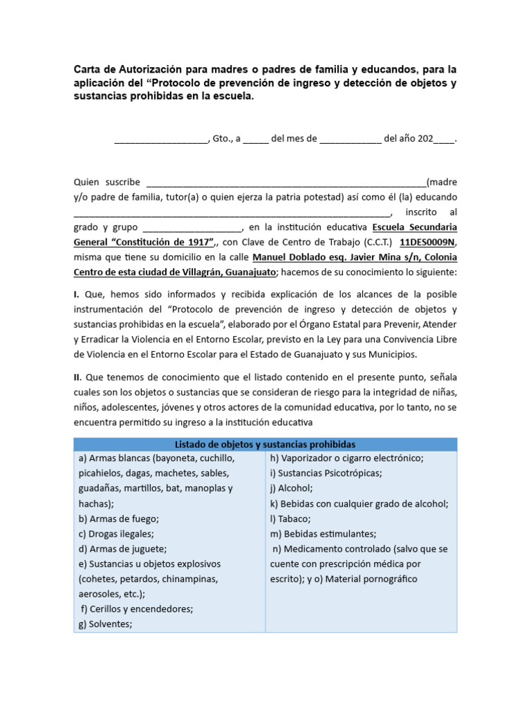 Formatos Carta de Autorización para Madres o Padres de Familia y ...