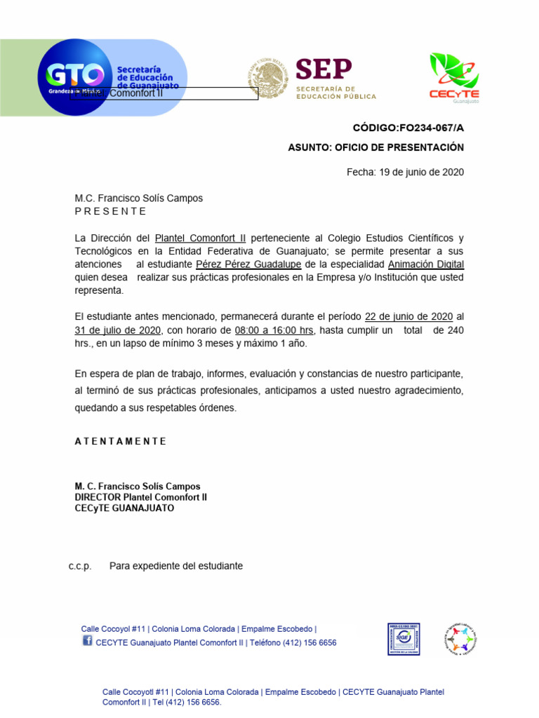 FO234-067A 02.oficio de Presentación | PDF