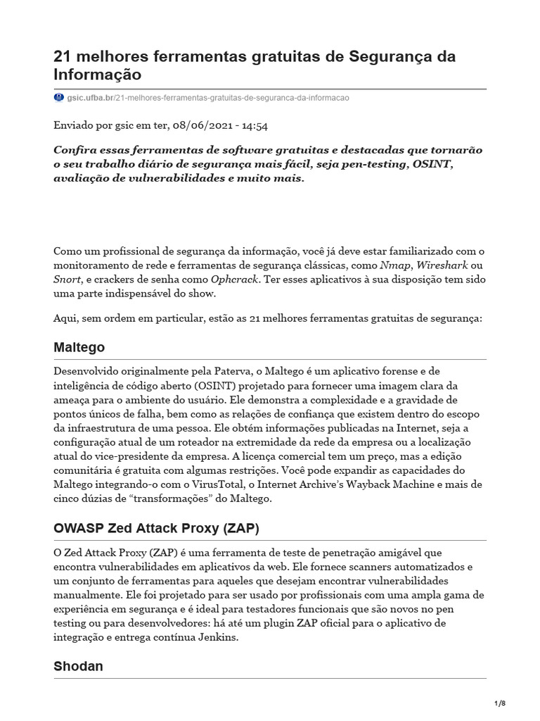 21 Melhores Ferramentas Gratuitas de Segurança Da Informação | PDF