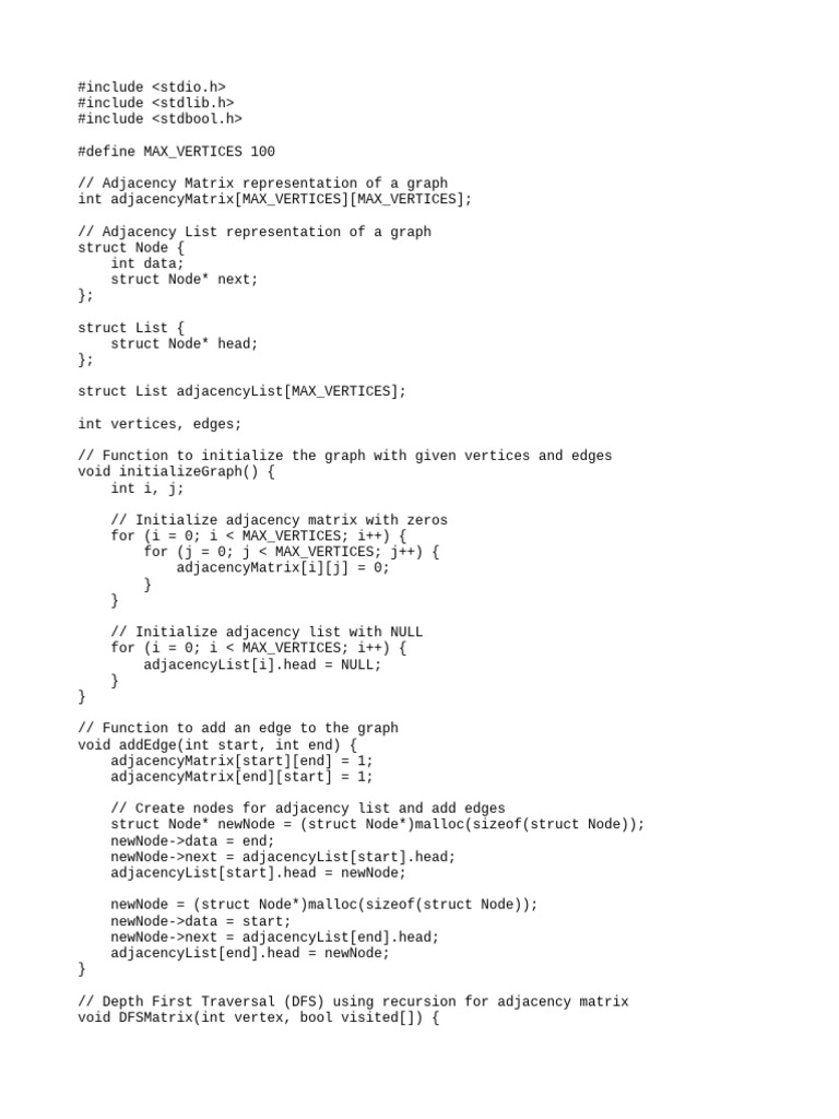 Depth First and Breadth First Traversal of Graphs Represented Using Adjacency | PDF | Vertex ...
