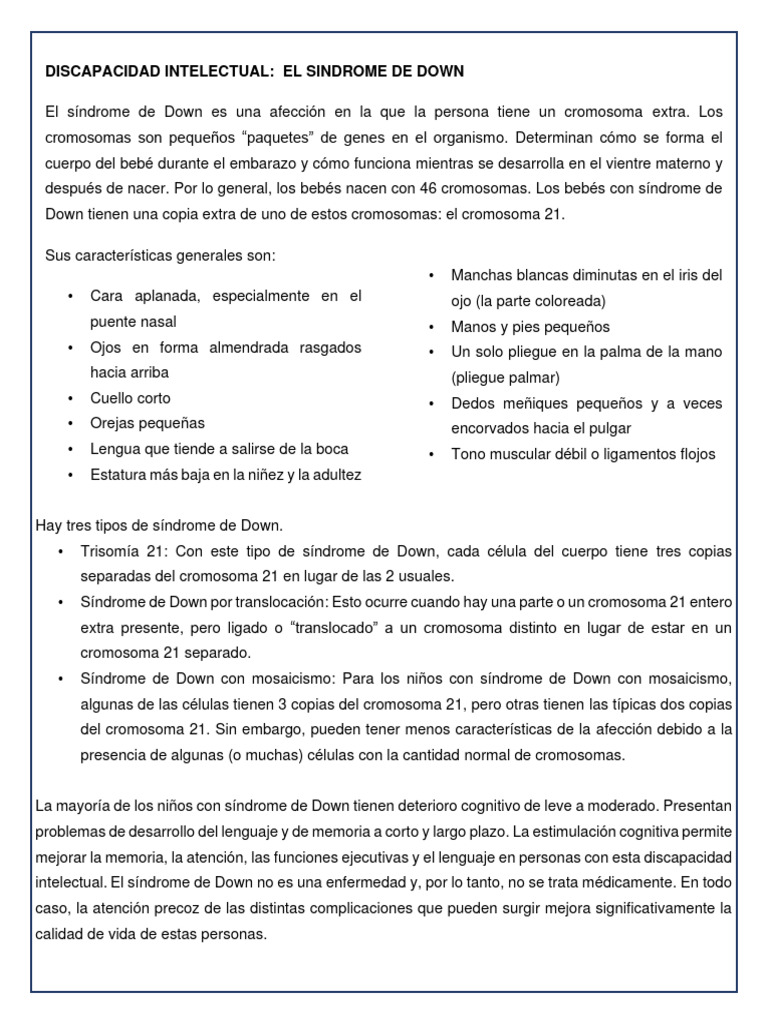 DISCAPACIDAD INTELECTUAL Sindrome de Down | PDF