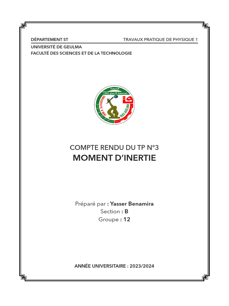 Moment D'Inertie: Compte Rendu Du TP N°3 | PDF Moment D'Inertie: Compte Rendu Du TP N°3 | PDF