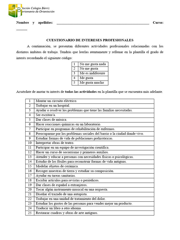 Cuestionario de Intereses Profesionales | PDF | Laboratorios