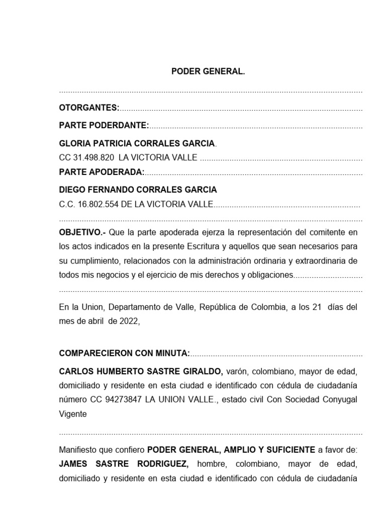 Carlos Humberto Sastre Giraldo. Poder General | PDF