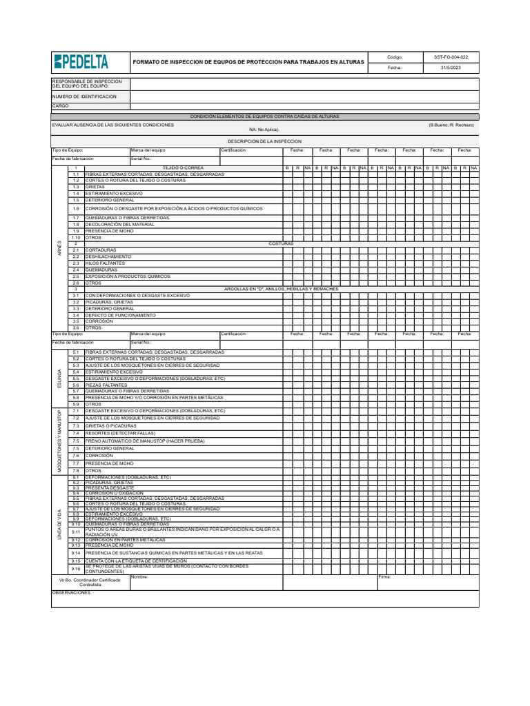 Sst-Fo-004-022 Formato de Inspección Eppcca - XLSX - Inspección Equipo Altura | PDF