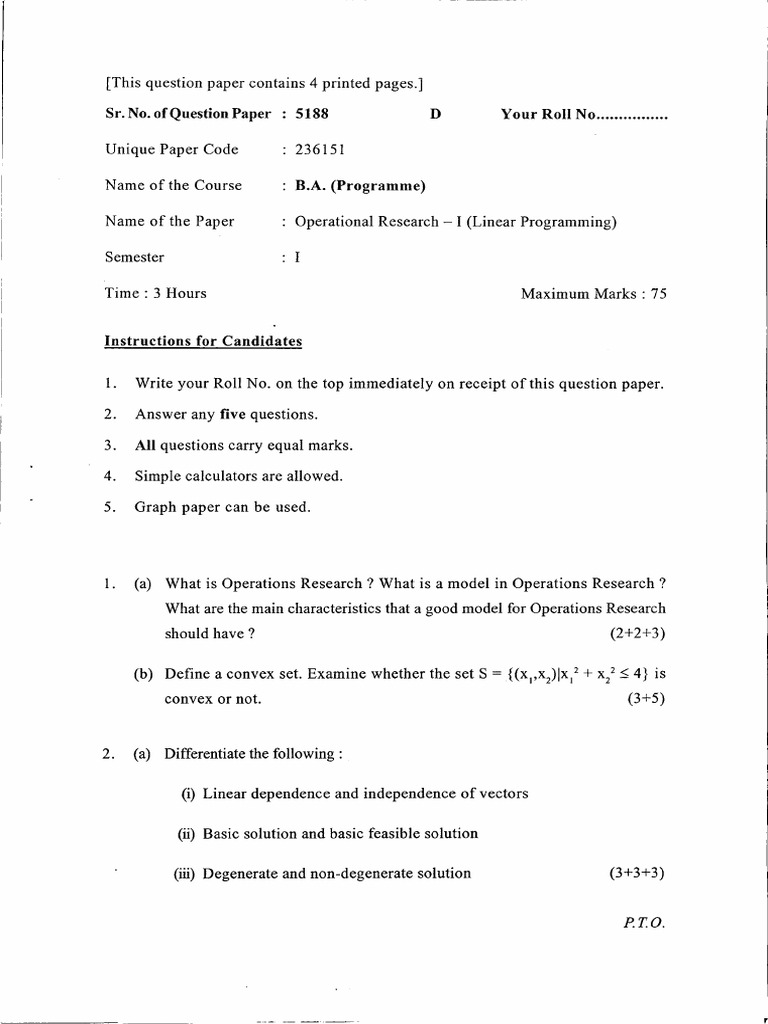 Operational Research Exam Paper - B.A. | PDF