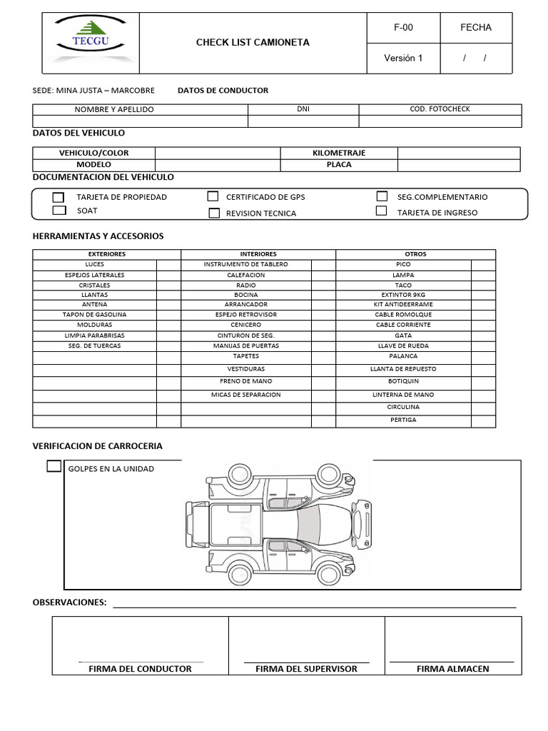 Reporte de Estado de Vehiculo Camioneta | PDF | Estilos de carrocería ...