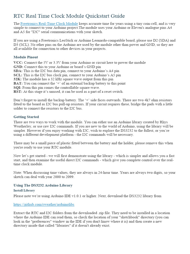 RTC Real Time Clock Module Quickstart Guide | PDF