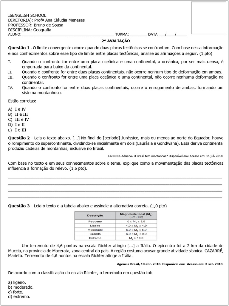 Prova 6º Ano EM Geografia (Normal) | PDF | Terremotos | Terra