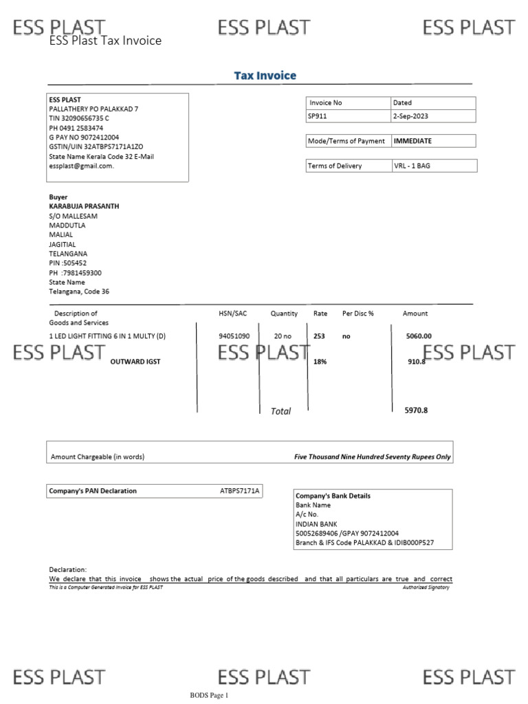 ESS Plast Tax Invoice - Watermark - 3 | PDF | Invoice | Money